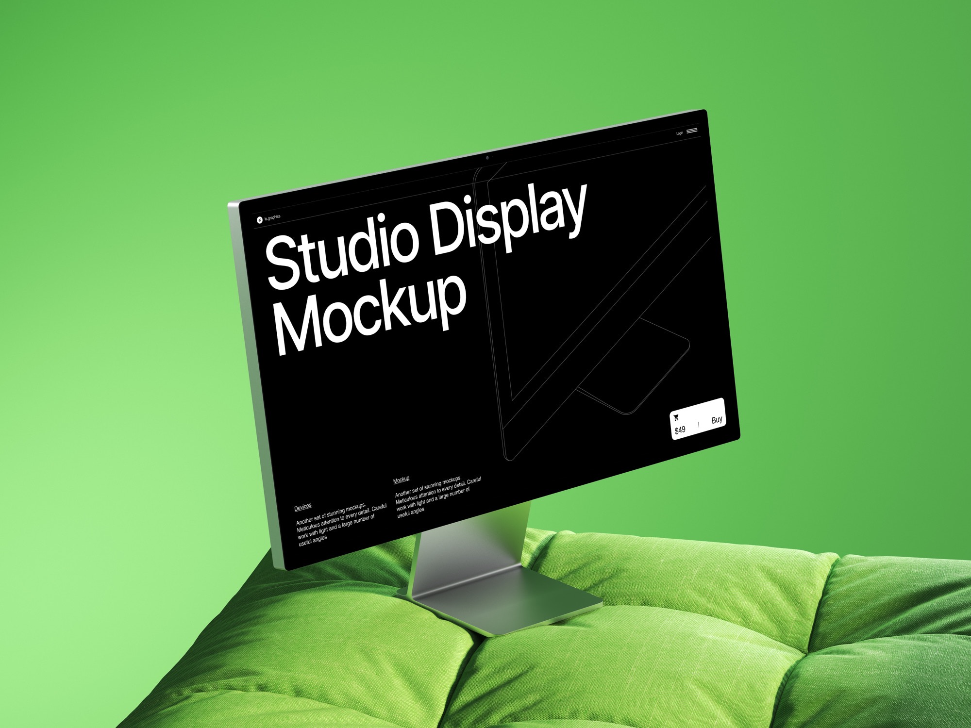 Studio Display Mockup on Green Cushion | by LS.GRAPHICS